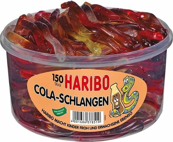 Haribo Cola Slangen Glutenvrij – Cola Gummies in container